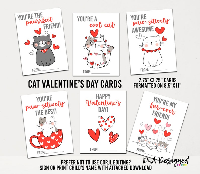 Cats Valentine Editable DIY Print Cards for Kids DIGITAL - Etsy