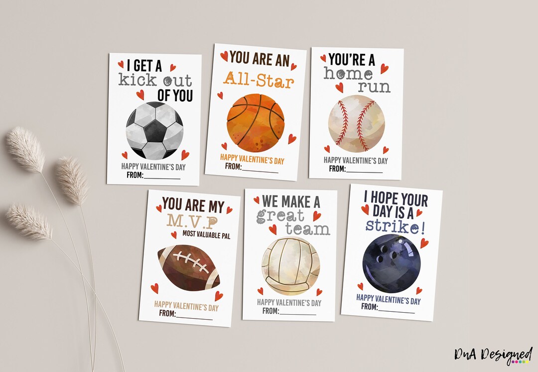 Sports Valentine DIY Print Cards for Kids - DIGITAL Football Basketball ...