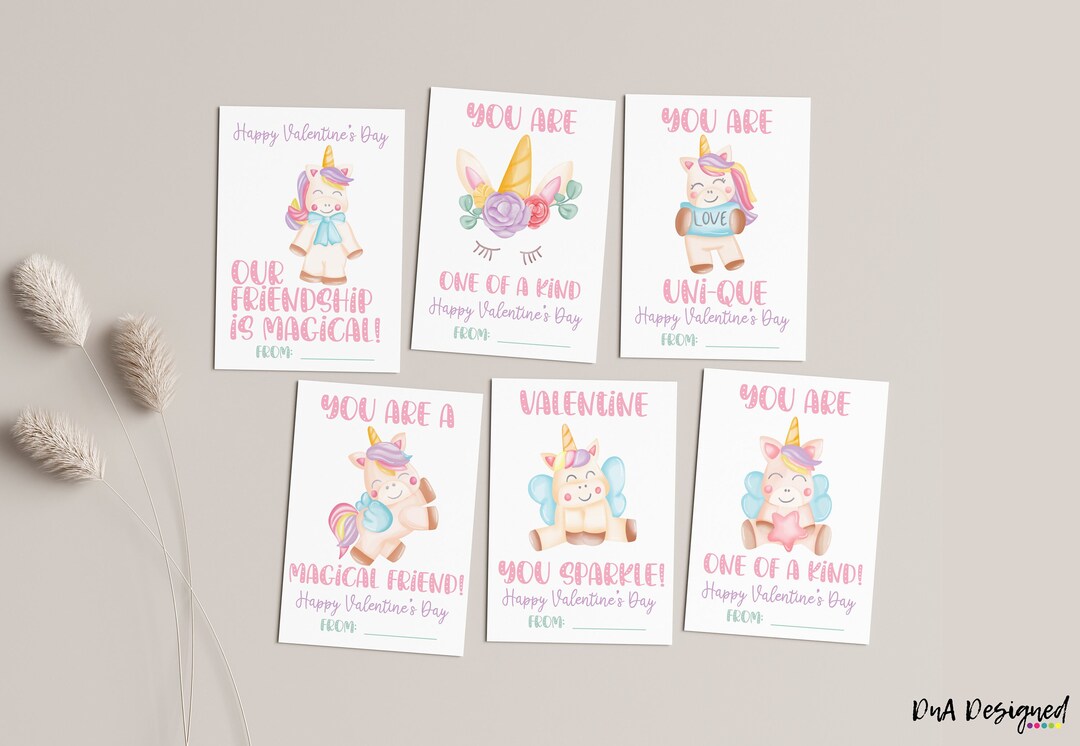 Editable Unicorn Valentine Cards for Kids – DIY Print, Corjl (digital ...