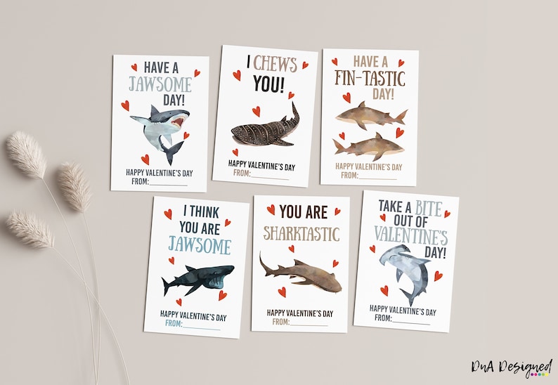 Shark Valentine's Day Cards for Kids - DIY Printable (digital Download ...