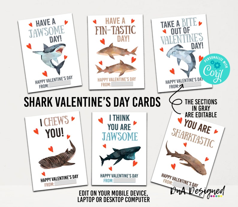 Shark Valentine's Day Cards for Kids - DIY Printable (digital Download ...