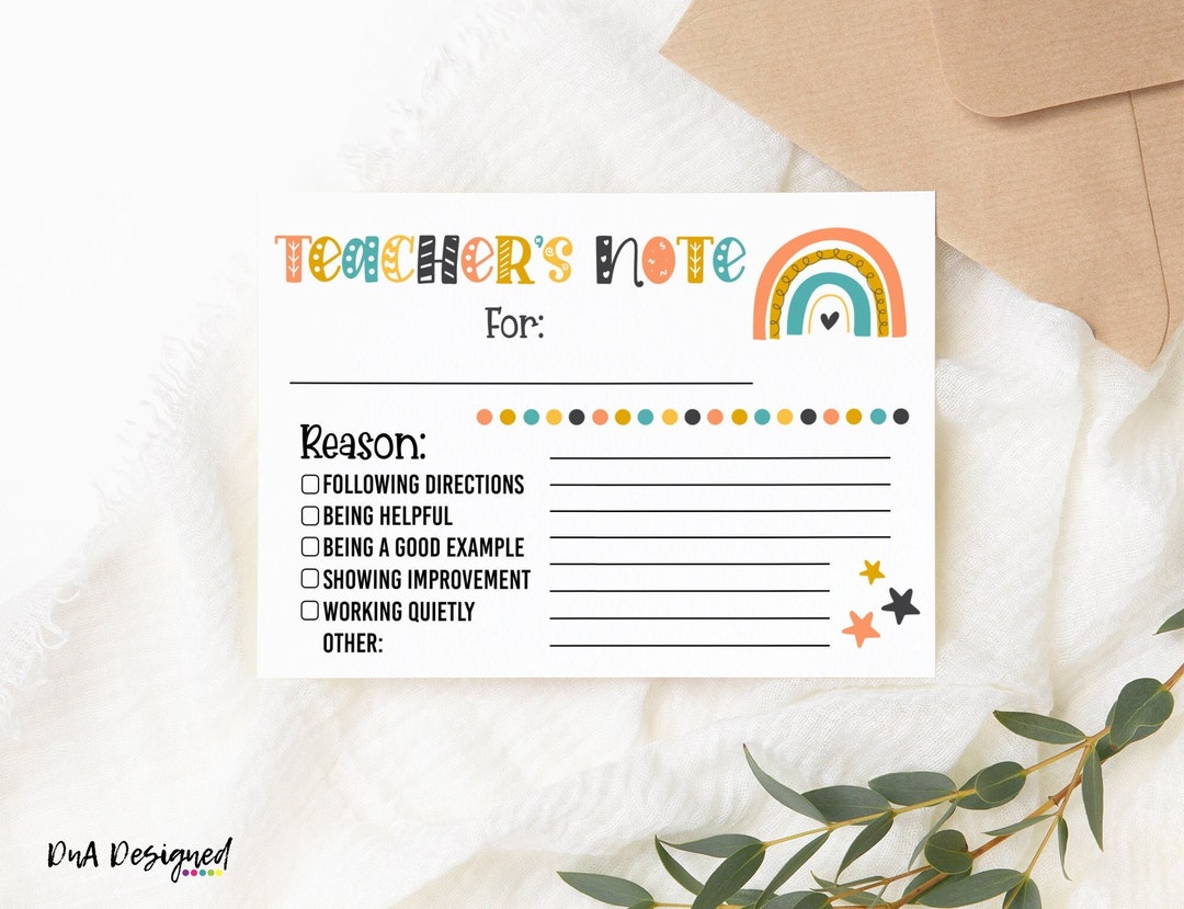 Teacher's Note Printable Teacher Rainbow Compliment Card DIGITAL ...