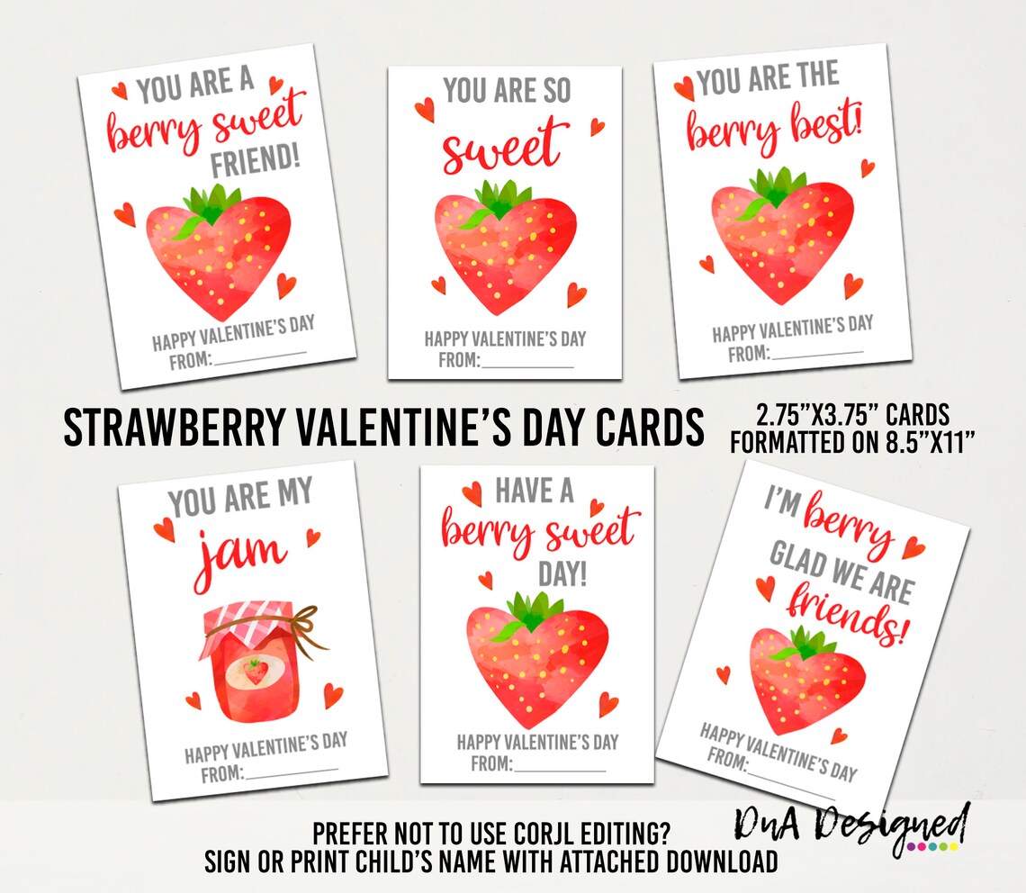 Editable Strawberry Valentine DIY Print Cards for Kids - Etsy
