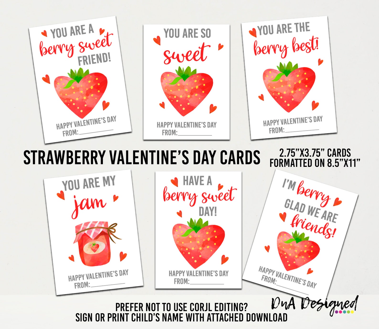Editable Strawberry Valentine DIY Print Cards for Kids - Etsy