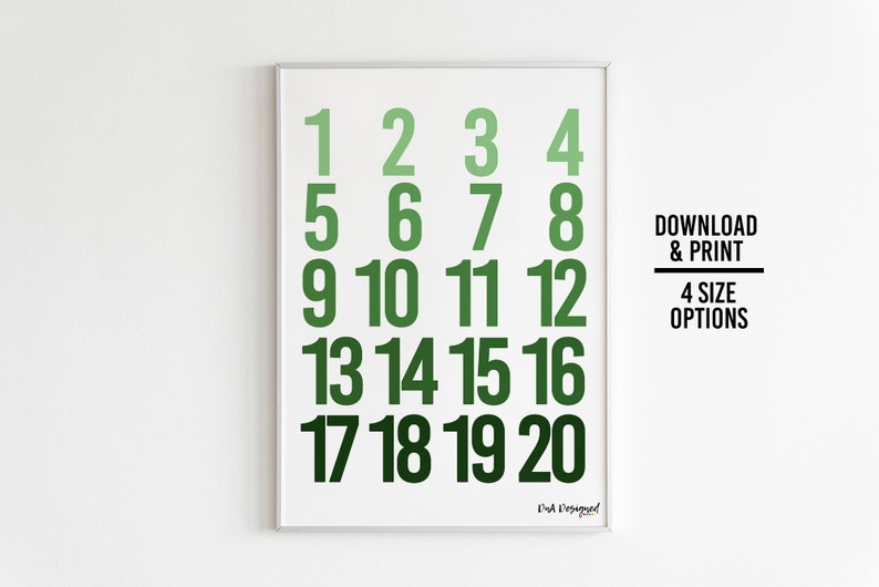 Printable Green Shades Numbers 1-20 DIGITAL Print - Instant Download ...