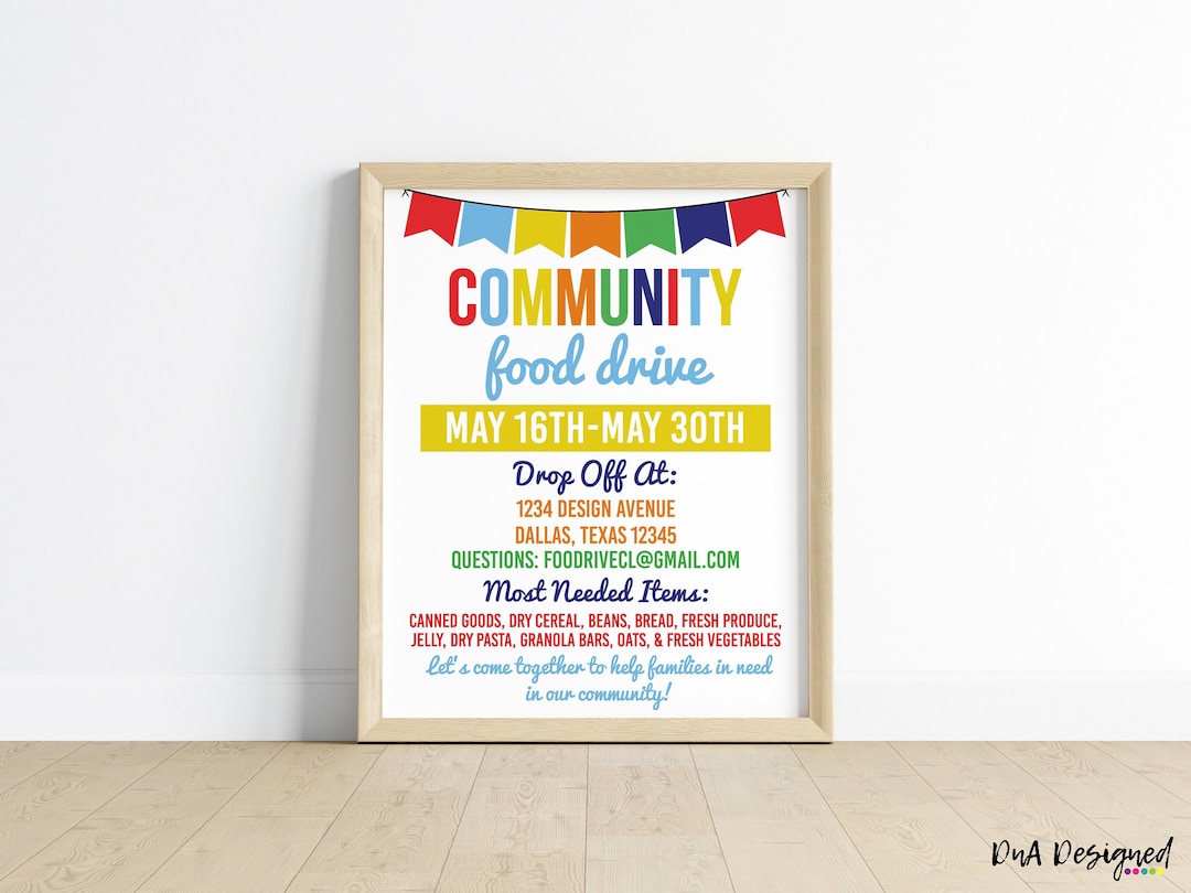 Editable Community Food Drive Flyer for Food Pantries - Colorful Banner ...