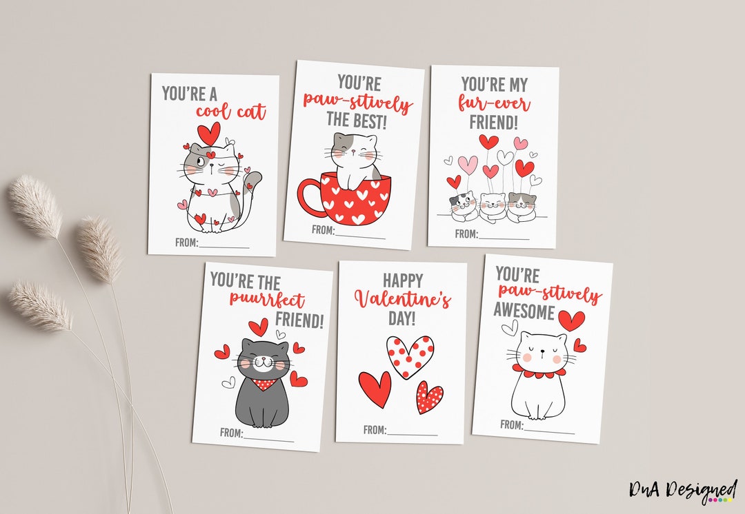 Cats Valentine Editable DIY Print Cards for Kids - DIGITAL Hearts ...