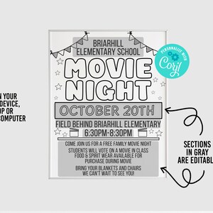 Editable School Movie Night Coloring Printable for PTA PTO School ...