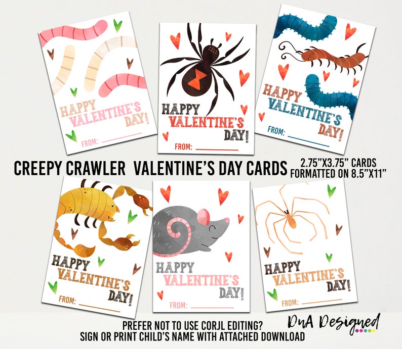 Creepy Crawler Valentine DIY Editable Print Cards for Kids - DIGITAL ...