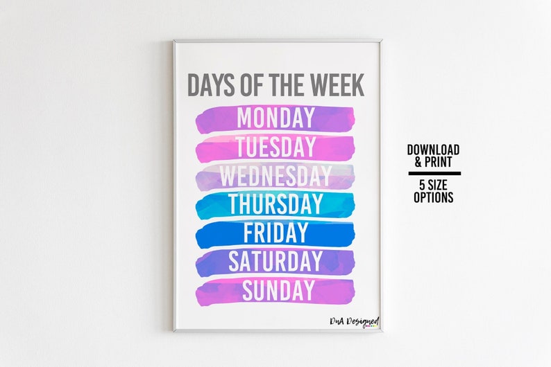 Days of the Week Watercolor Printable for Kids at Home - Etsy