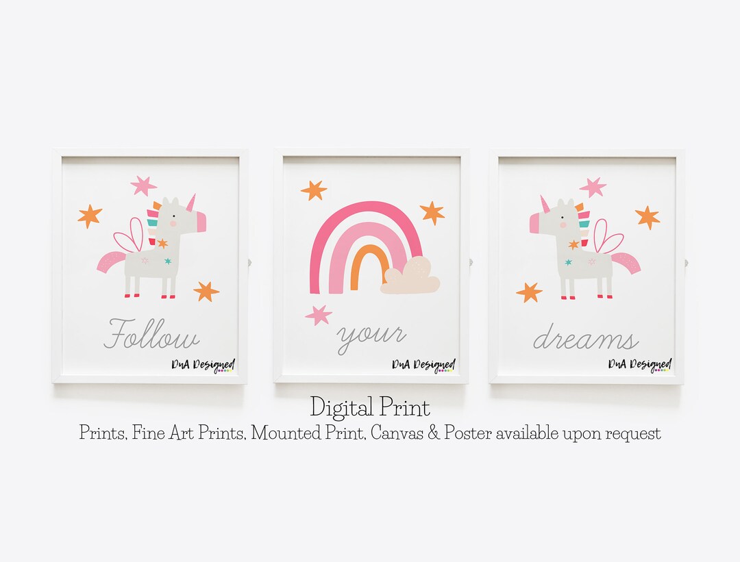 Follow Your Dreams Unicorn Rainbow Print Set for Kids Playroom DIGITAL ...