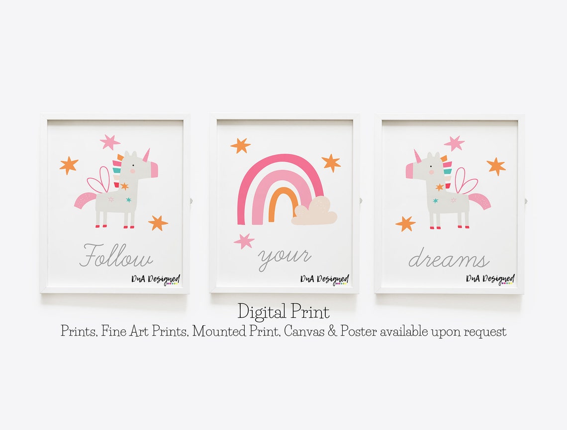 Follow Your Dreams Unicorn Rainbow Print Set for Kids Playroom ...