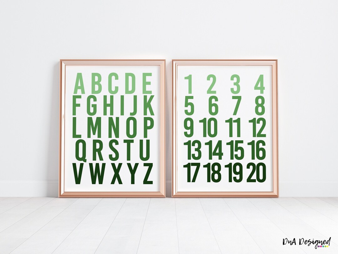 Printable Green Shades ABC and Numbers 1-20 DIGITAL Print - Instant ...