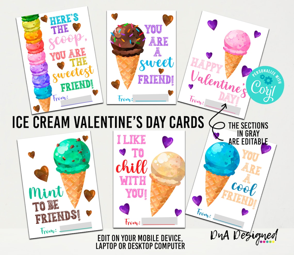 Ice Cream Cone Valentine DIY Editable Print Cards for Kids - Etsy