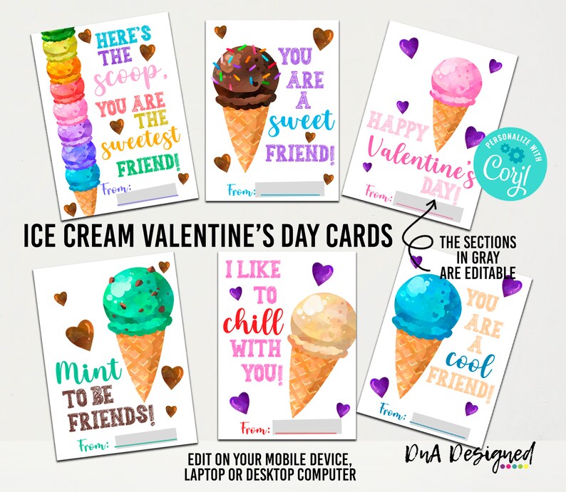 Ice Cream Cone Valentine Cards - DIY Printable Kids School (digital) - Etsy