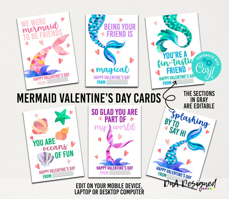 Editable Mermaid Valentine DIY Print Cards for Kids DIGITAL - Etsy