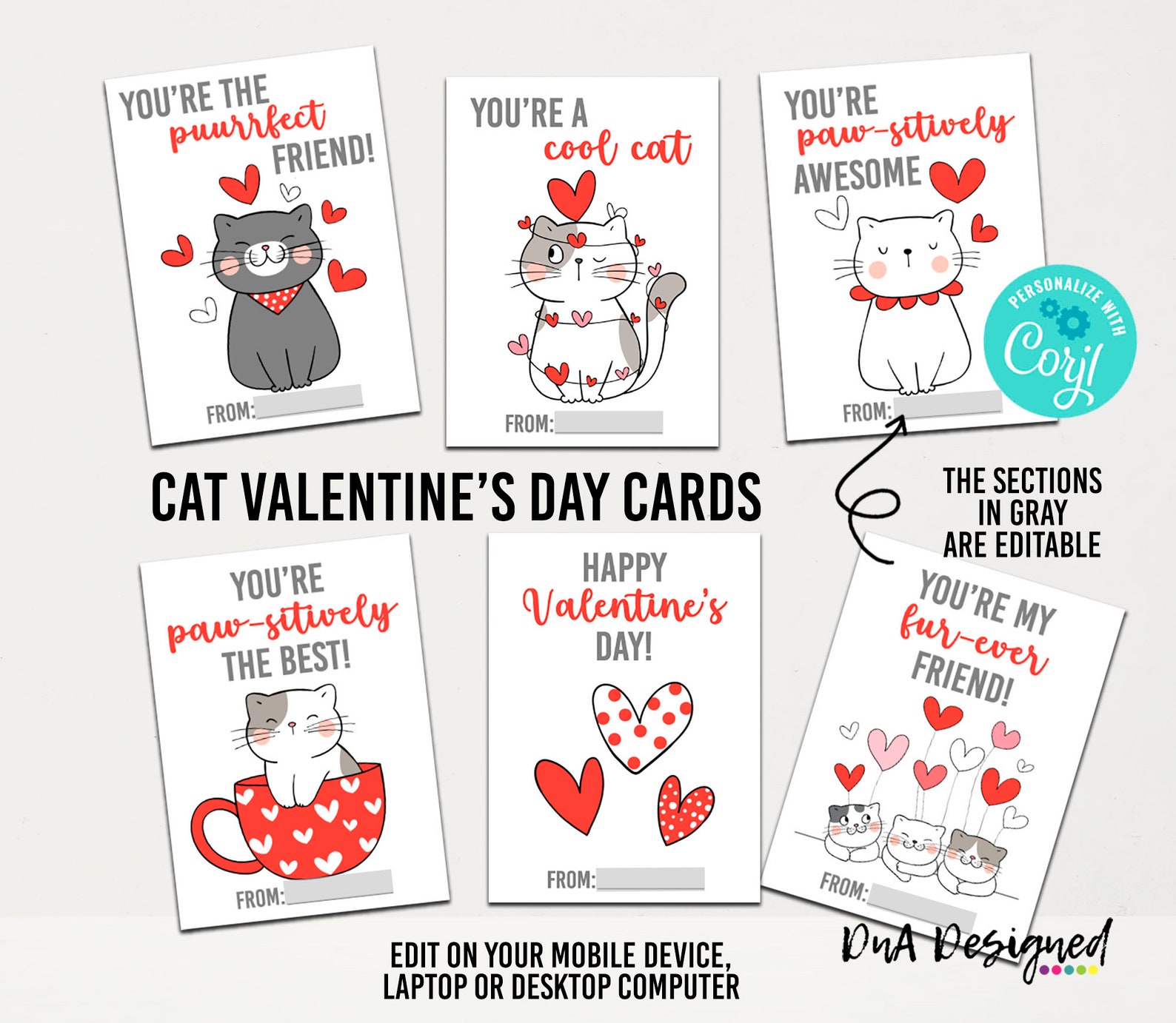 Cats Valentine Editable DIY Print Cards for Kids DIGITAL - Etsy
