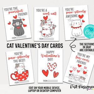 Cats Valentine Editable DIY Print Cards for Kids - DIGITAL Hearts ...