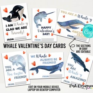 Whale Valentine DIY Editable Print Cards for Kids - DIGITAL Narwhal ...