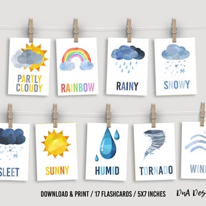 Printable Weather Flash Cards for Kids Learning - DIGITAL Watercolor ...
