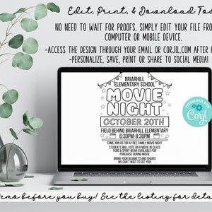 Editable School Movie Night Coloring Printable for PTA PTO School ...