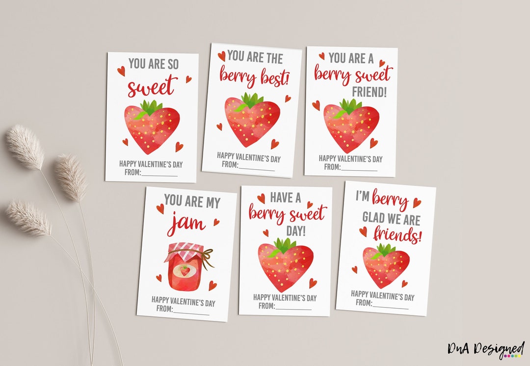 Editable Strawberry Valentine DIY Print Cards for Kids - DIGITAL Berry ...