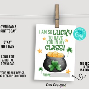 St. Patrick's Day DIY Print Student Gift Tag for Teachers DIGITAL Four ...