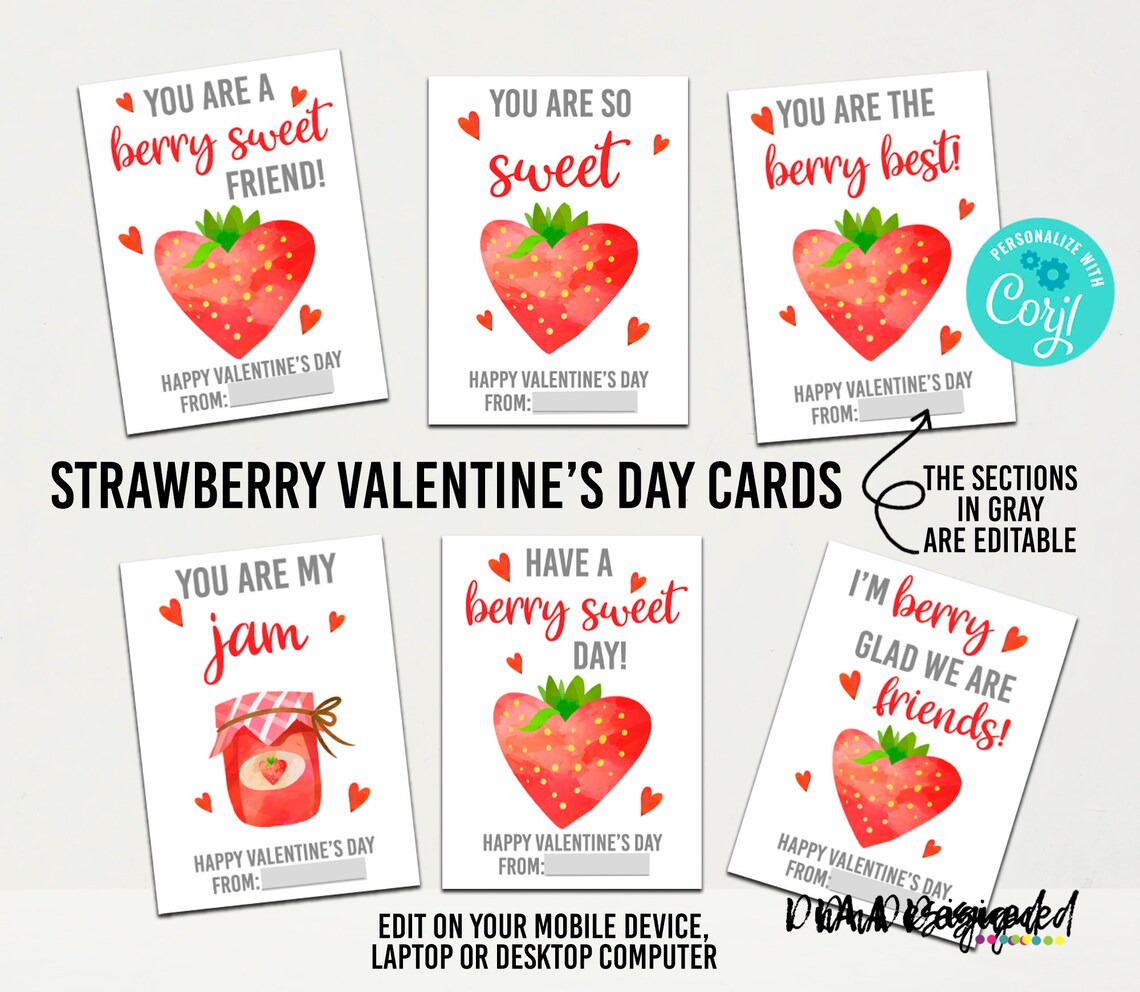 Editable Strawberry Valentine DIY Print Cards for Kids - Etsy