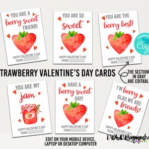 Editable Strawberry Valentine DIY Print Cards for Kids - DIGITAL Berry ...