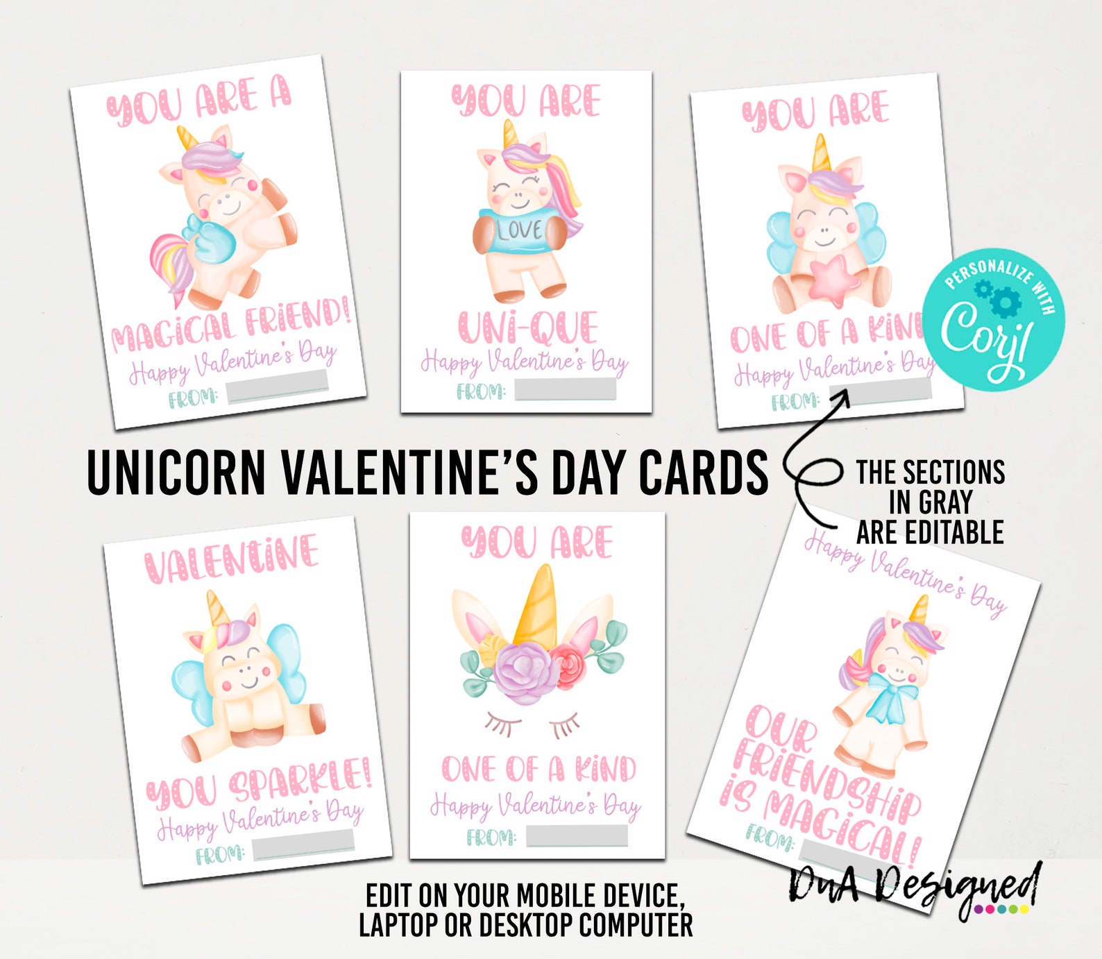 Editable Unicorn Valentine DIY Print Cards for Kids DIGITAL - Etsy