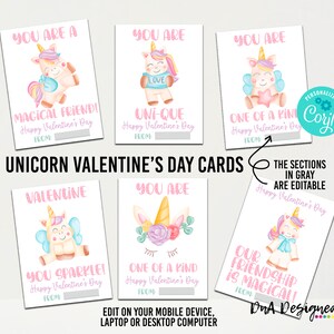Editable Unicorn Valentine DIY Print Cards for Kids - DIGITAL Flower ...