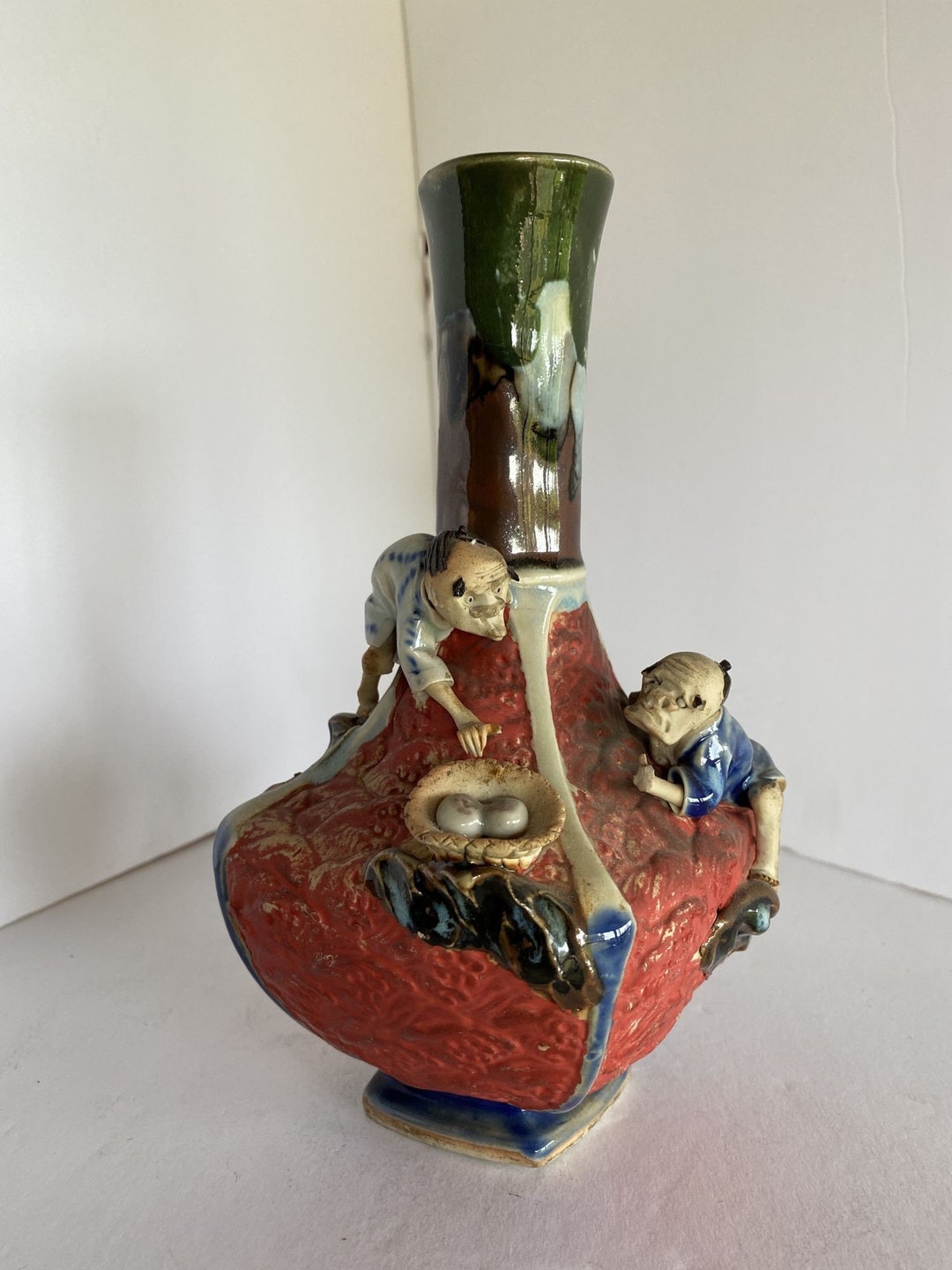 Japanese Sumida Ware Vase With Two Men on Rocky Ledge by Inoue Ryosai ...