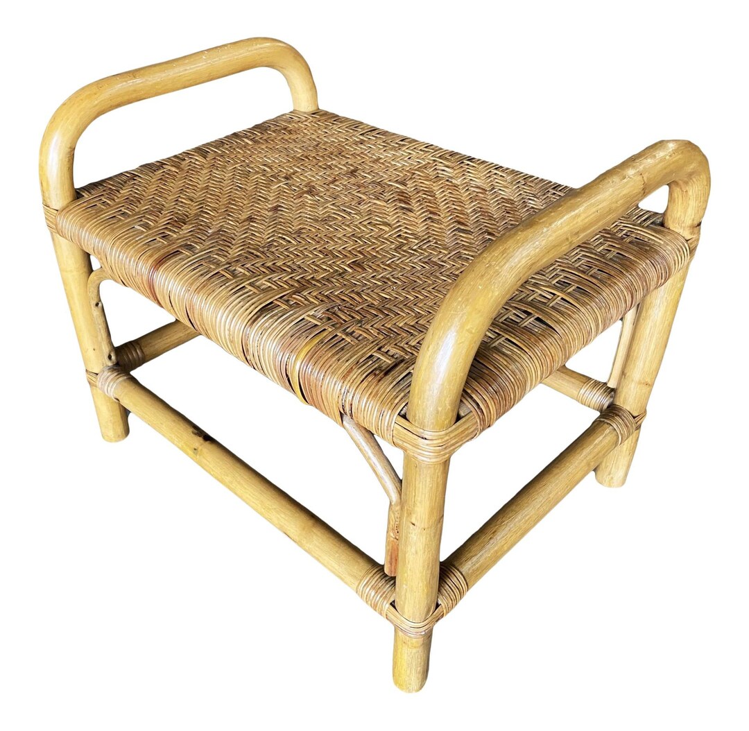 Restored Single Stand Rattan Staple Side Ottoman Stool W Woven Wicker ...