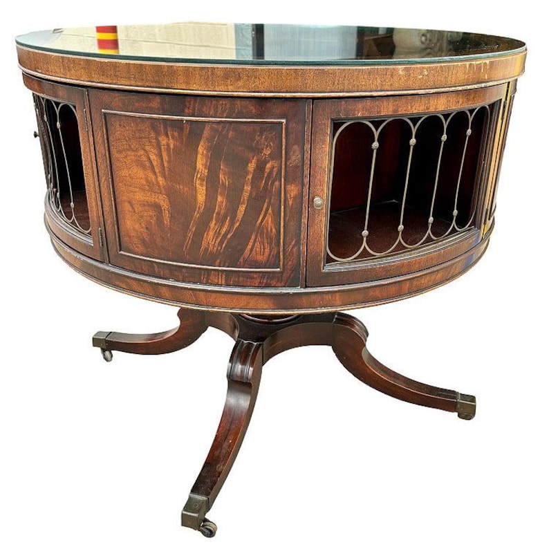 Mahogany & Brass Round Drum Coffee Table W/ Inlaid Leather by Weiman ...