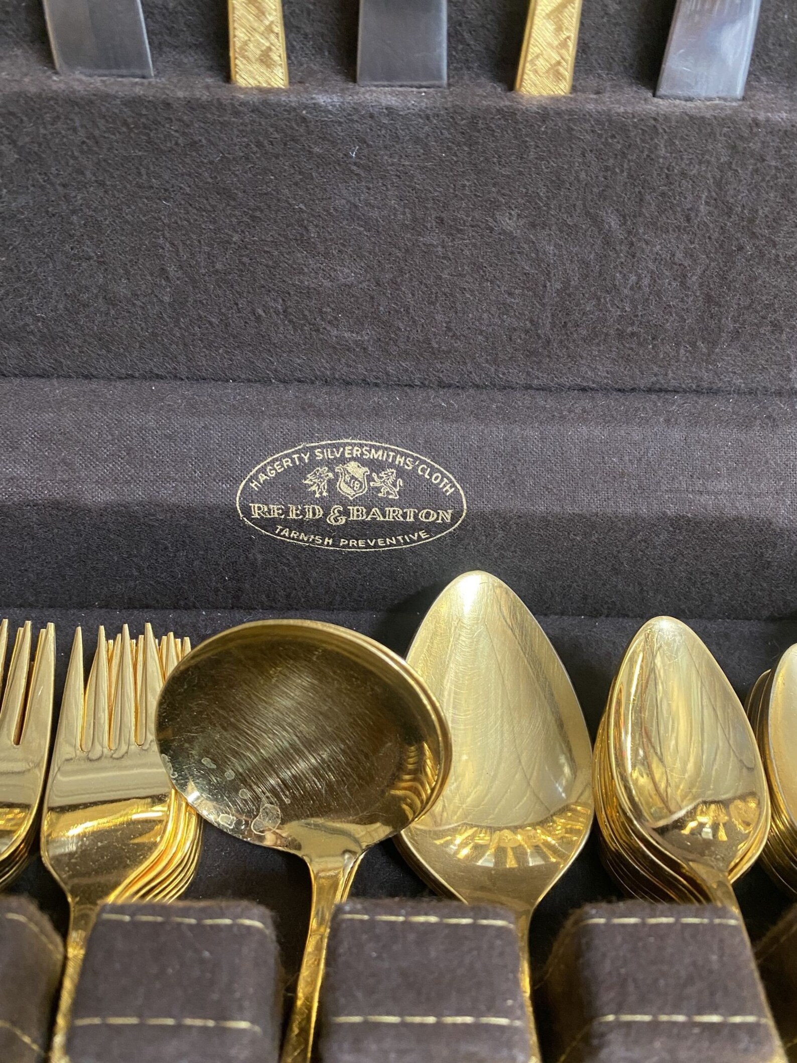 Modernist Pattern Gold Plated Stainless Flatware Set of 92 by Reed and ...