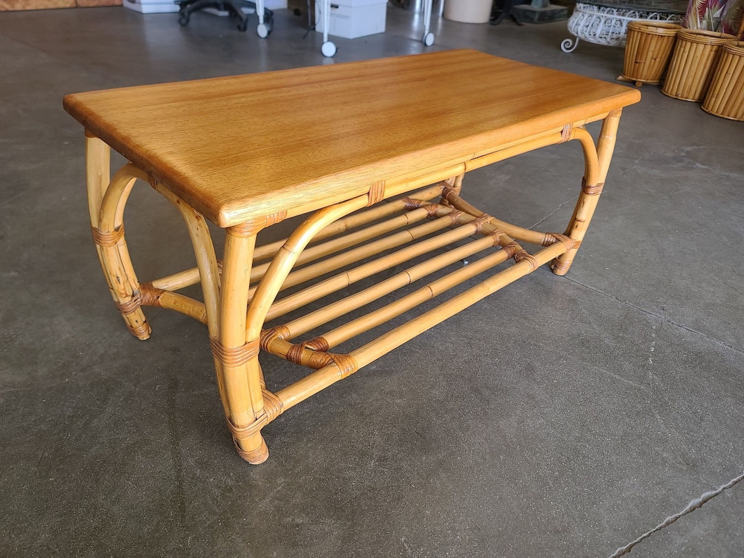 Restored Two-tier Rattan Coffee Table With Mahogany Top & Pole Bottom ...
