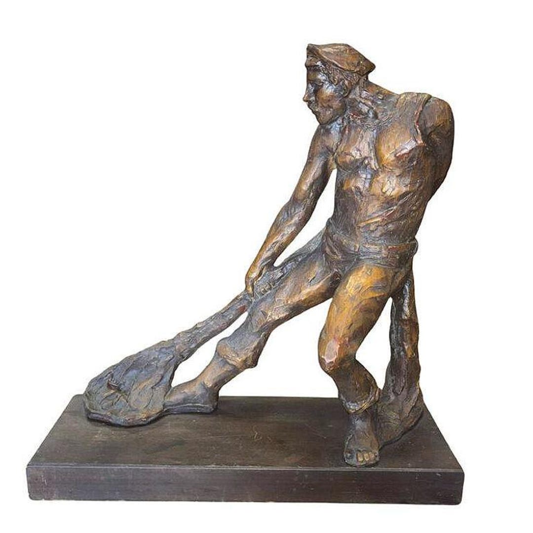 Rare Modern Fisherman W/ Net Large Plaster Sculpture on Wood Base by ...