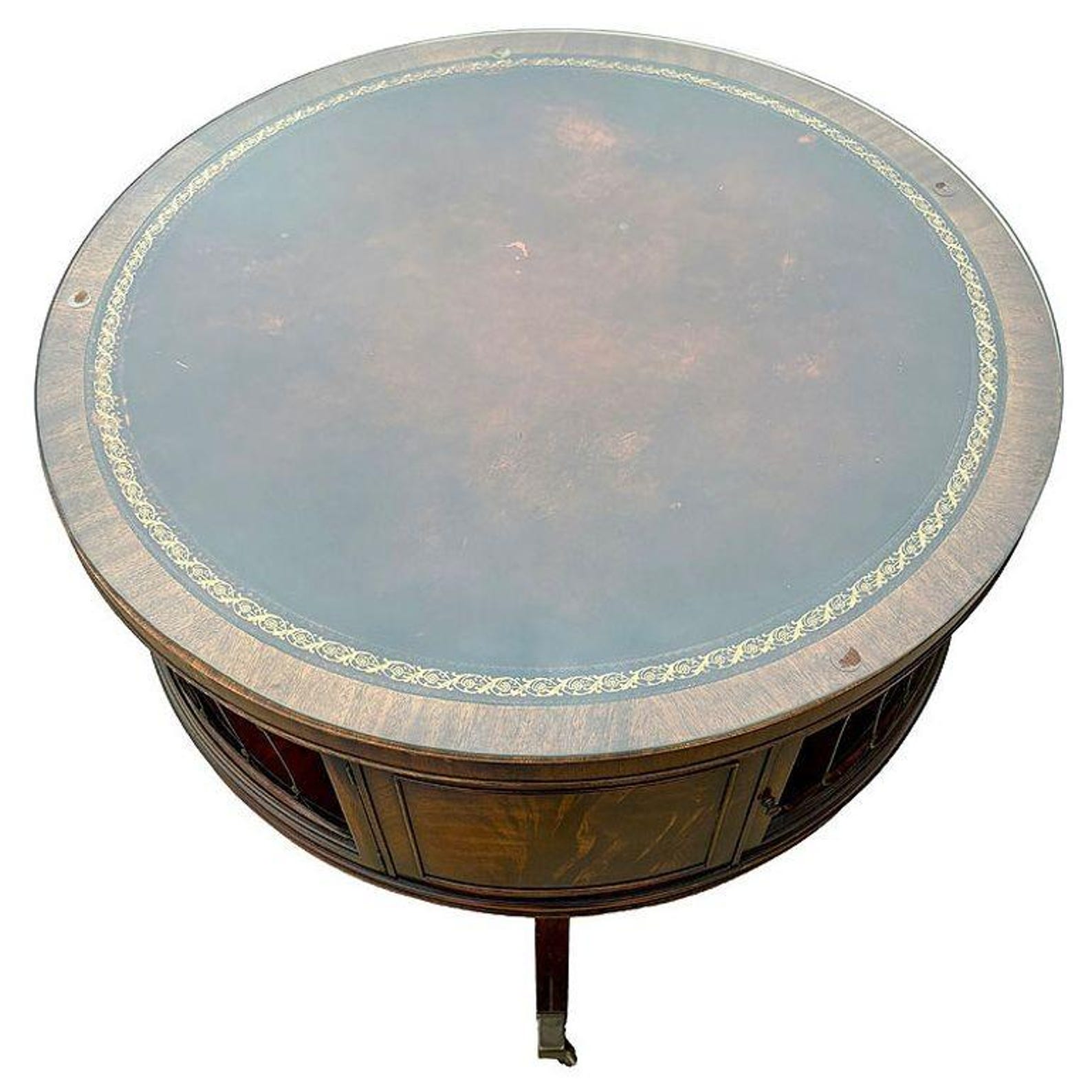 Mahogany & Brass Round Drum Coffee Table W/ Inlaid Leather by Weiman ...
