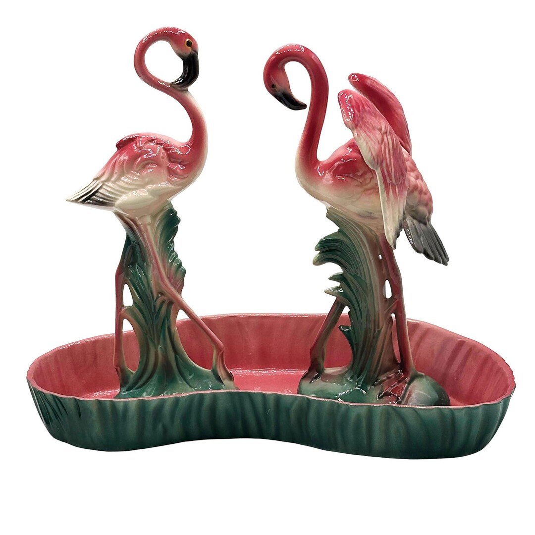 Mid-century Ceramic Flamingo Figurine Set in Tropical Pond Tray by ...