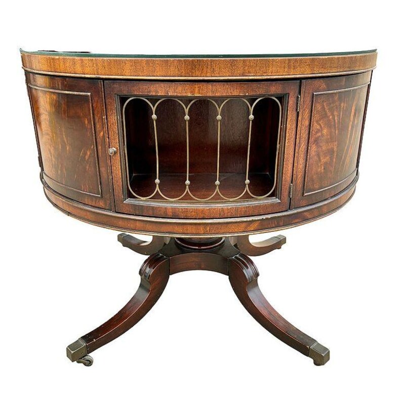 Mahogany & Brass Round Drum Coffee Table W/ Inlaid Leather by Weiman ...