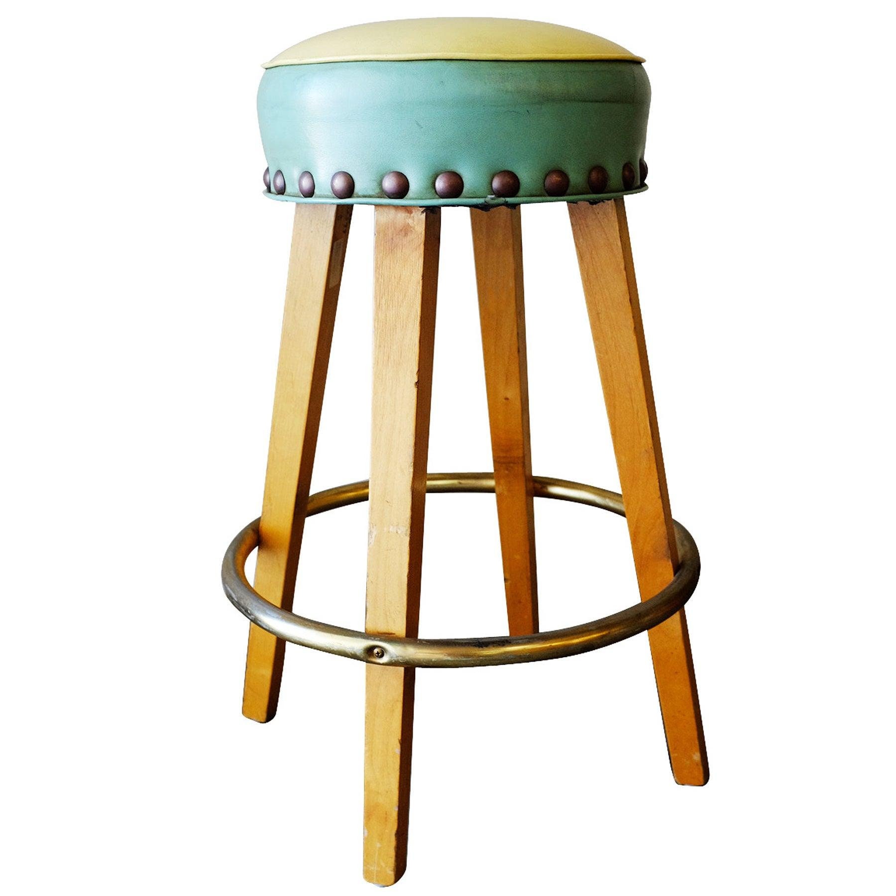 Mid-century Large Nail Head Bar Stools With Brass Footrest - Etsy