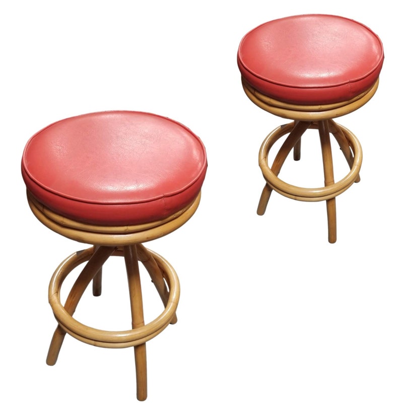 Restored Rattan Spiral Leg Strand Pair of Two Single Stand Red Bar ...