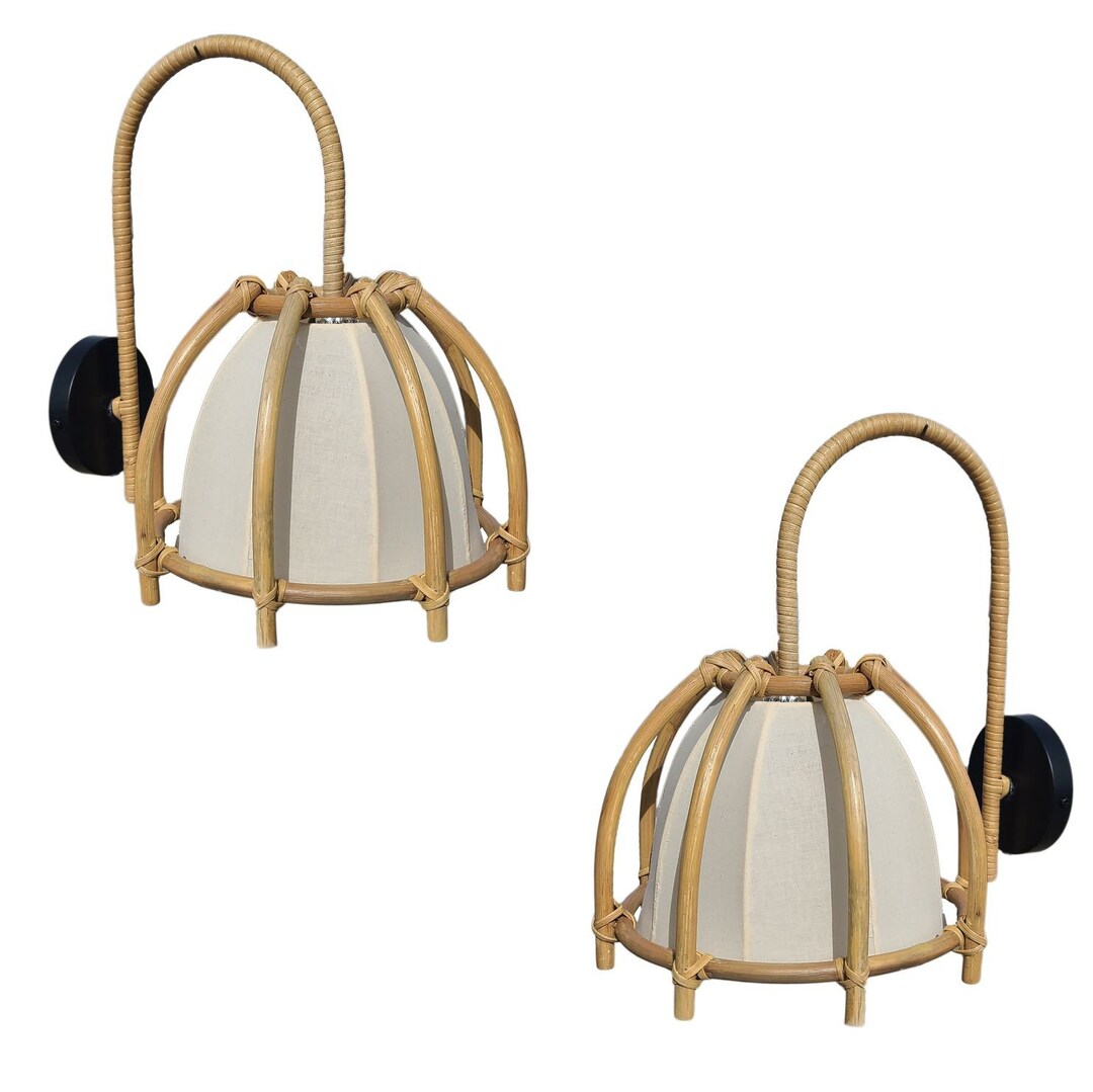 Natural Finish Modern Rattan Skeleton Shade Wall Sconce Pair - Etsy