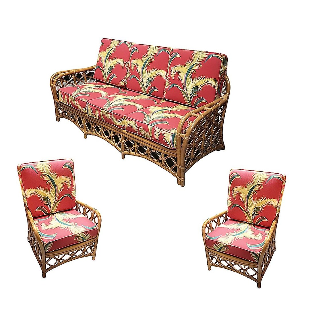 Restored Mid Century Lattice Rattan Sofa & Lounge Chair Livingroom Set ...