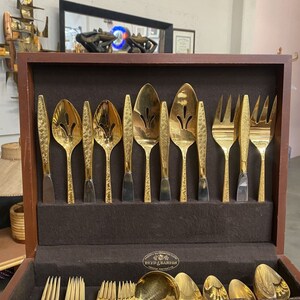 Modernist Pattern Gold Plated Stainless Flatware Set of 92 by Reed and ...