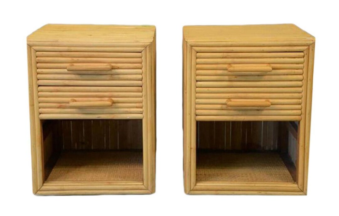 Restored Horizontal Stacked Stick Rattan Side Bedside Table W/ Cubby ...
