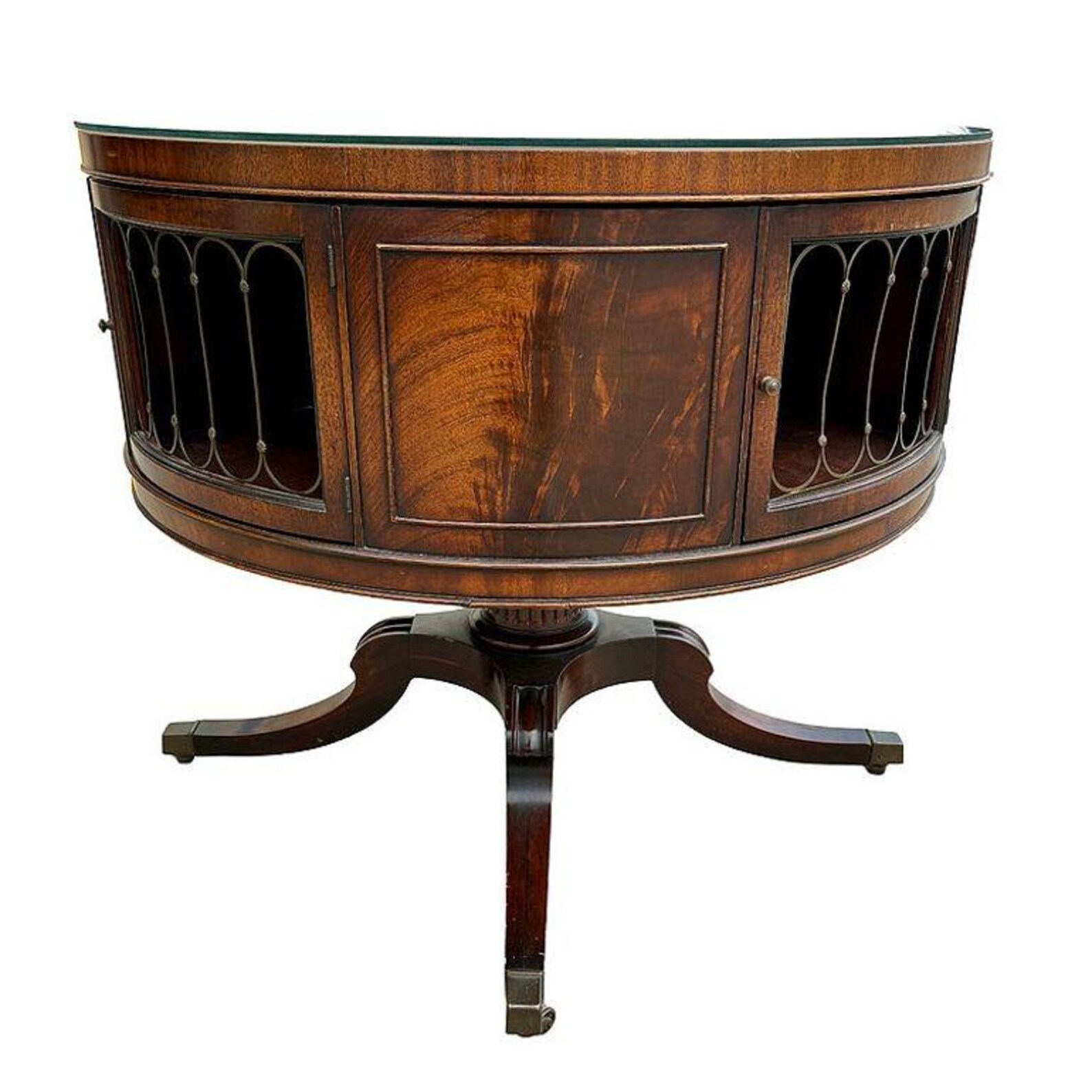 Mahogany & Brass Round Drum Coffee Table W/ Inlaid Leather by Weiman ...