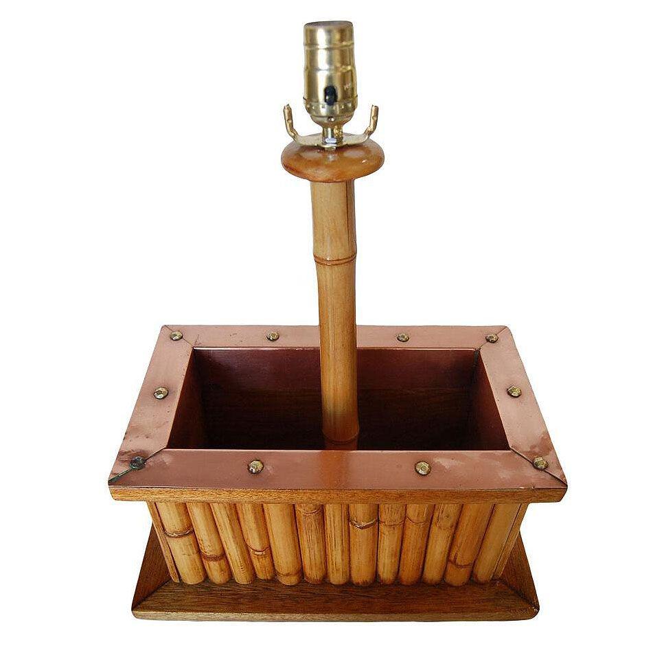 Restored Rare Rattan & Koa Wood Planter Table Lamp W/ Large Copper ...