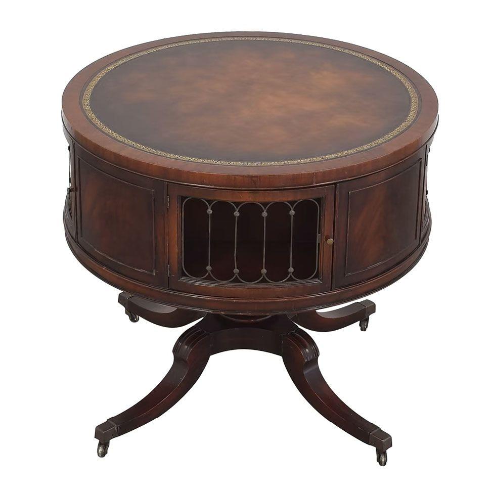 Mahogany & Brass Round Drum Coffee Table W/ Inlaid Leather by Weiman ...