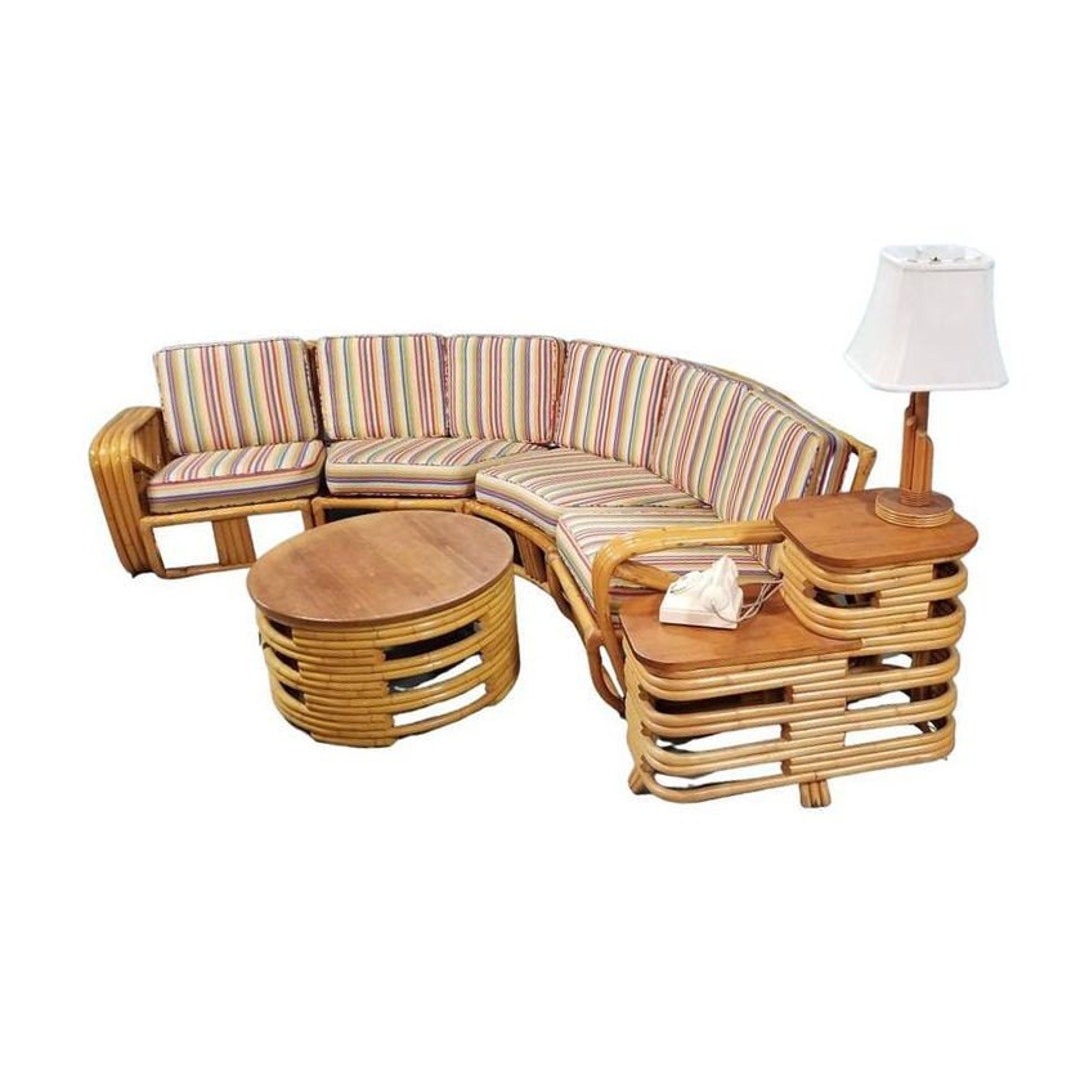 Restored Square Pretzel Corner Sofa, Coffee & Side Table, Lamp 5 Piece ...